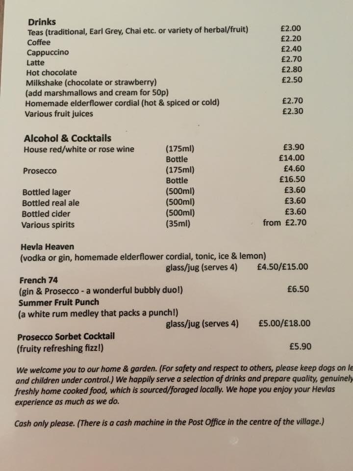 Menu at The Hevlas cafe, Crantock