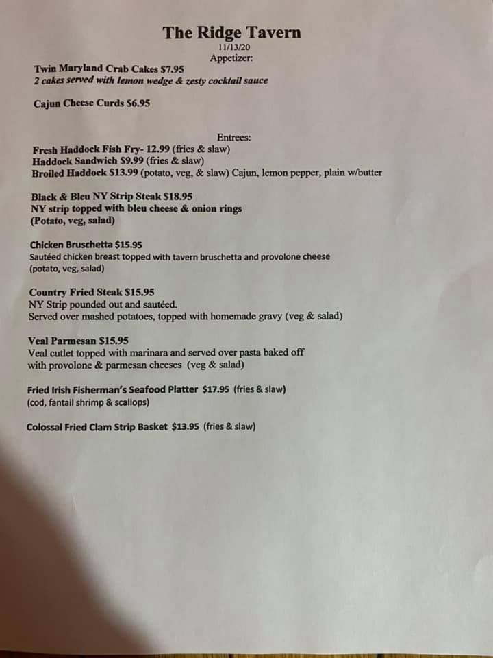 Menu at The Ridge Tavern pub & bar, Sodus, Ridge Rd
