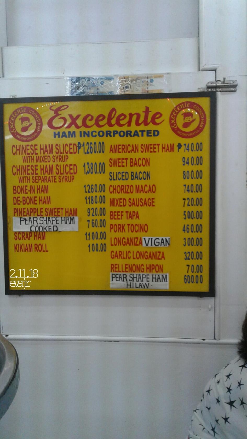 Menu at Excelente Chinese Cooked Ham restaurant, Manila