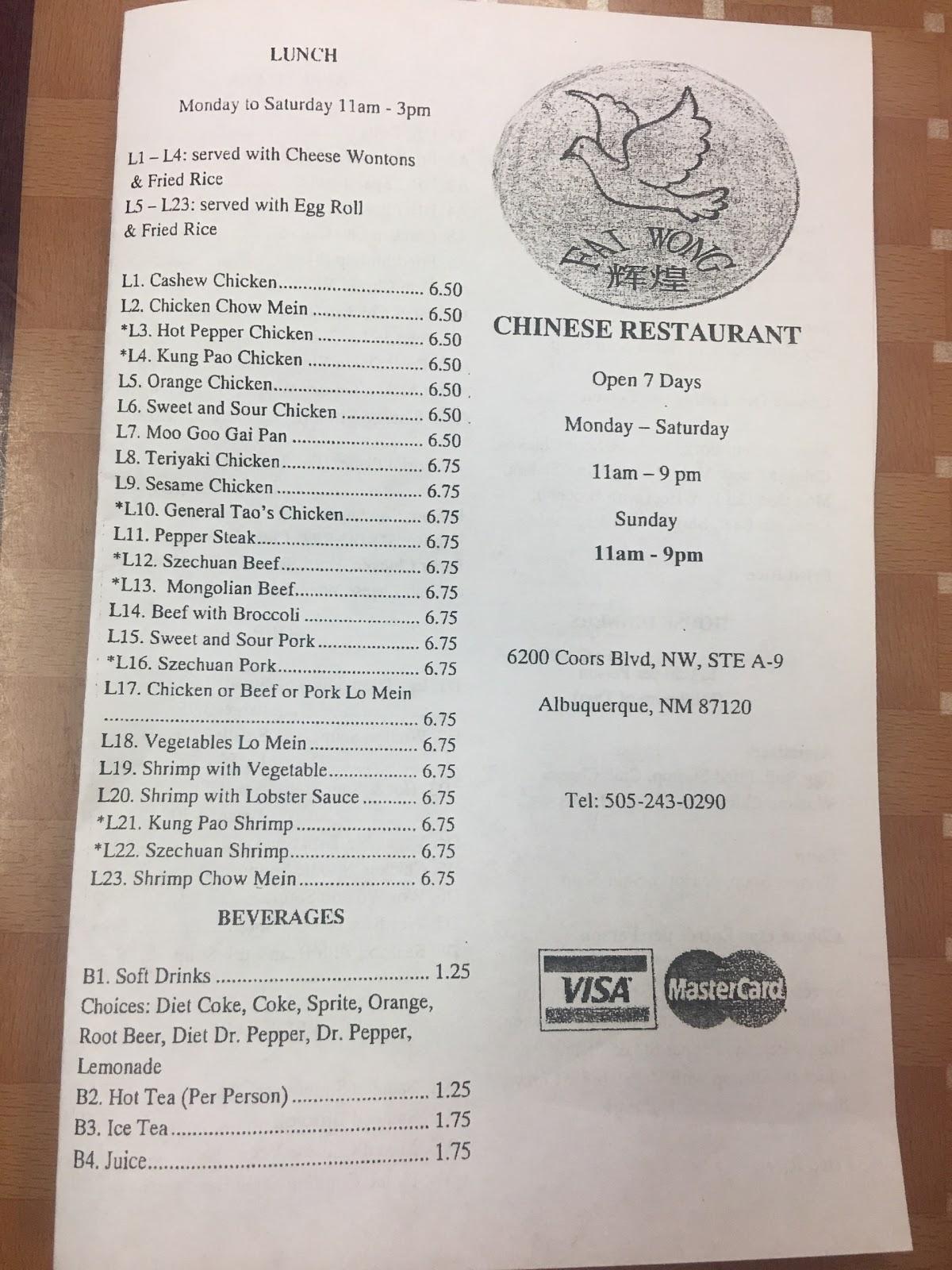 Menu at Fai Wong restaurant, Albuquerque