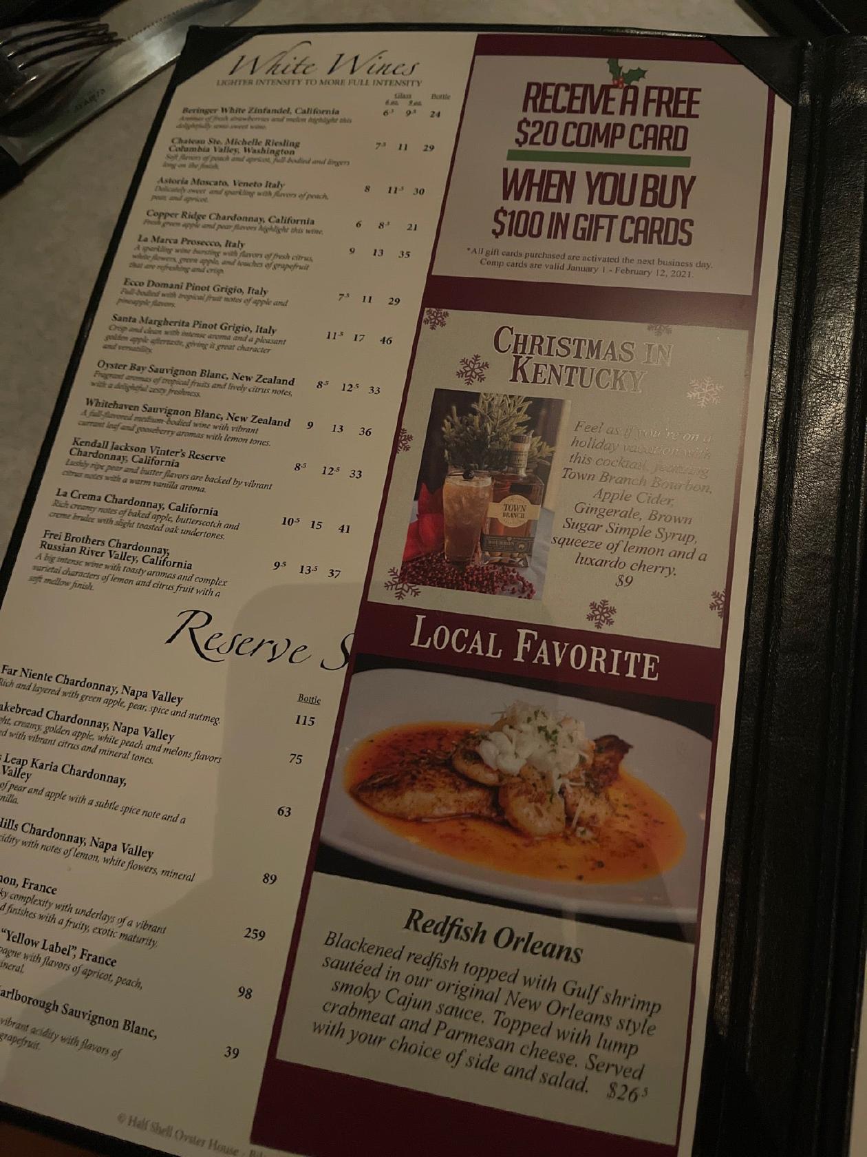 Menu at Half Shell Oyster House restaurant, Biloxi, 125 Lameuse St
