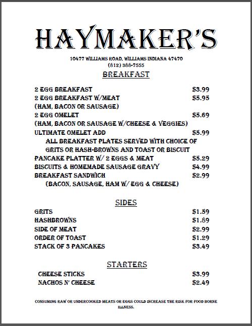 Menu at Haymaker's Restaurant and Country Store, Williams