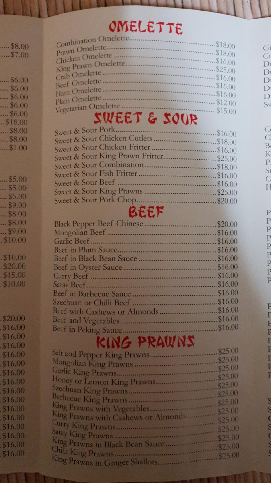 Menu at Malcolm's Chinese Restaurant, Griffith