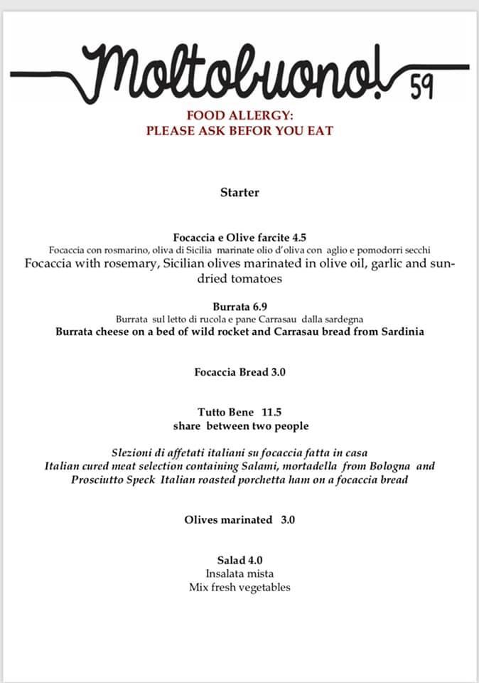 Menu at Moltobuono!59 restaurant, Bristol