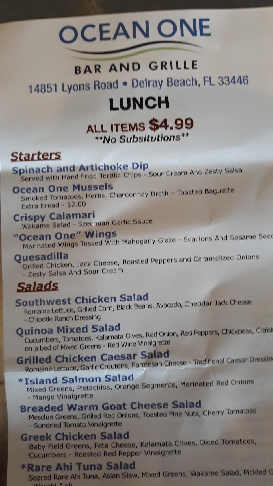 Menu at Ocean One Bar & Grille, Boca Raton