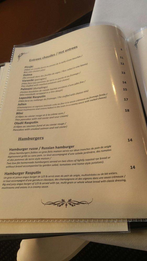Menu at Rasputin restaurant, Montreal