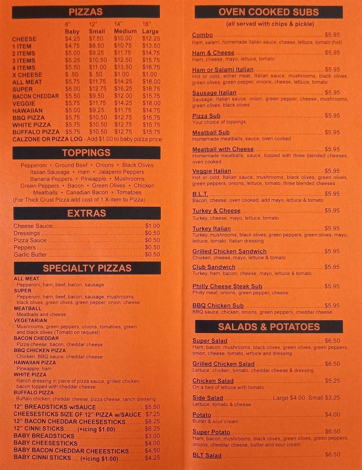 Menu at Snappy's Pizza pizzeria, Hohenwald
