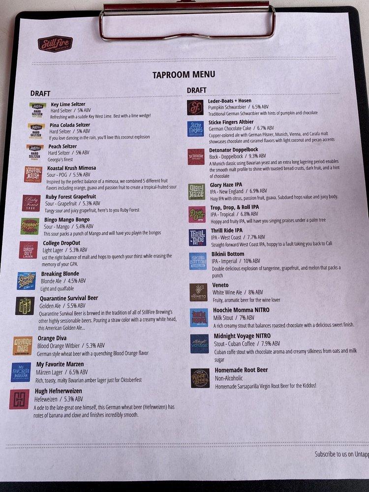 Menu at StillFire Brewing pub & bar, Suwanee