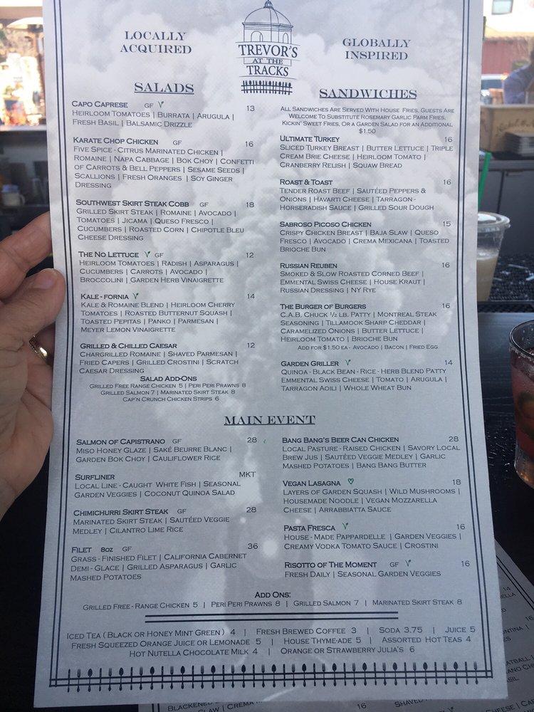 Menu at Trevor's at the Tracks pub & bar, San Juan Capistrano