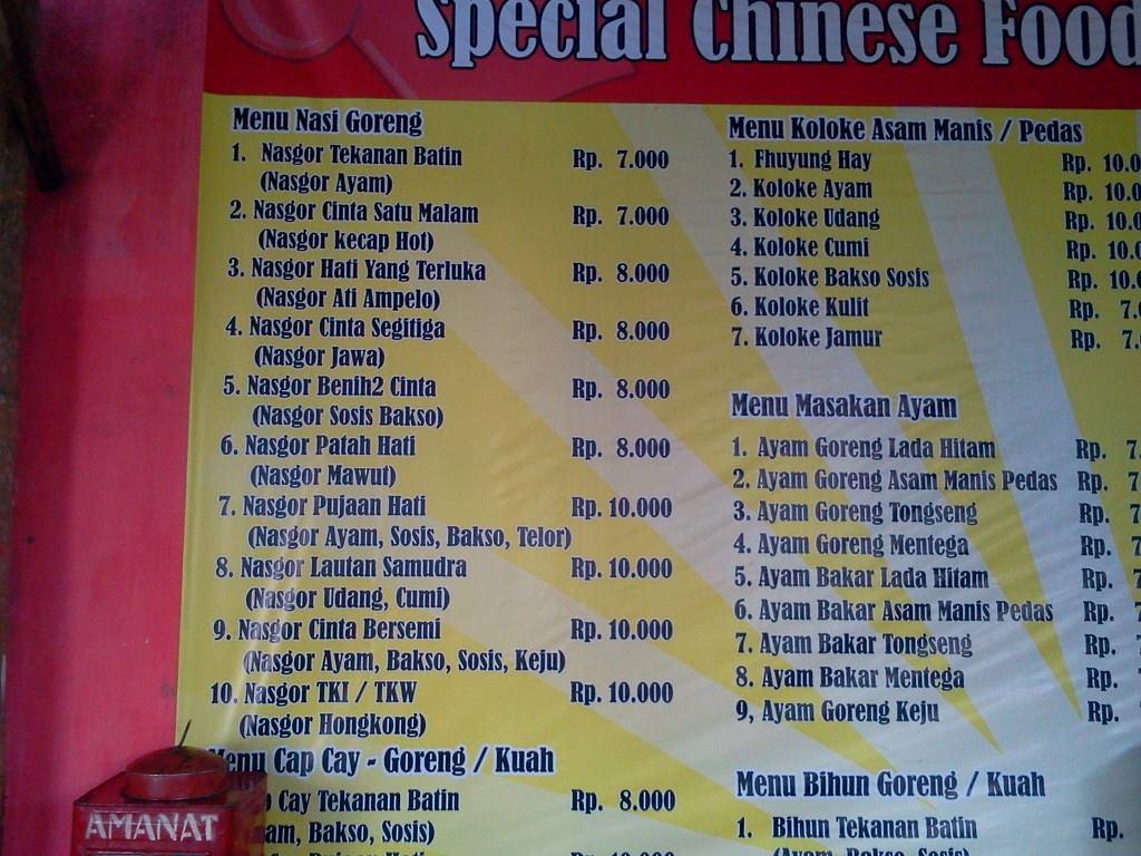 Menu at the BUN House "Coklat" restaurant, Malang
