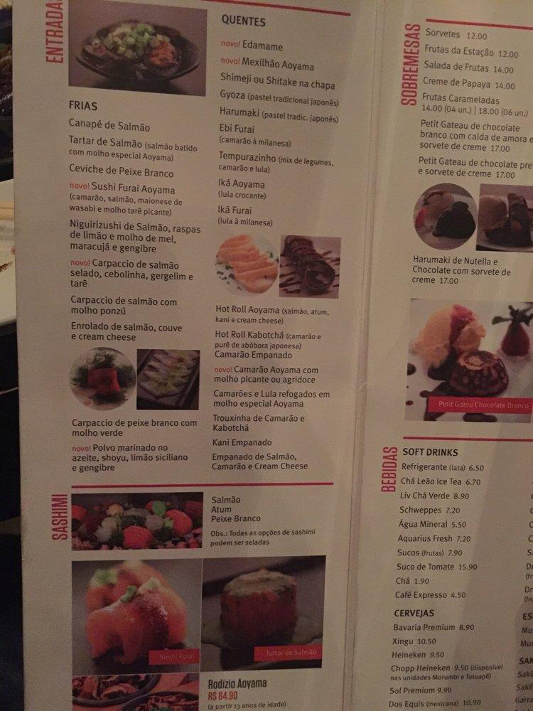 Menu at Aoyama restaurant, São Paulo, R. Dr. Fonseca Brasil