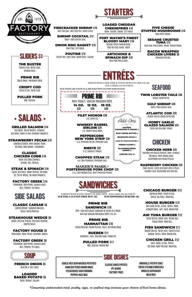 Menu at Don Hall's Factory Restaurant, Fort Wayne