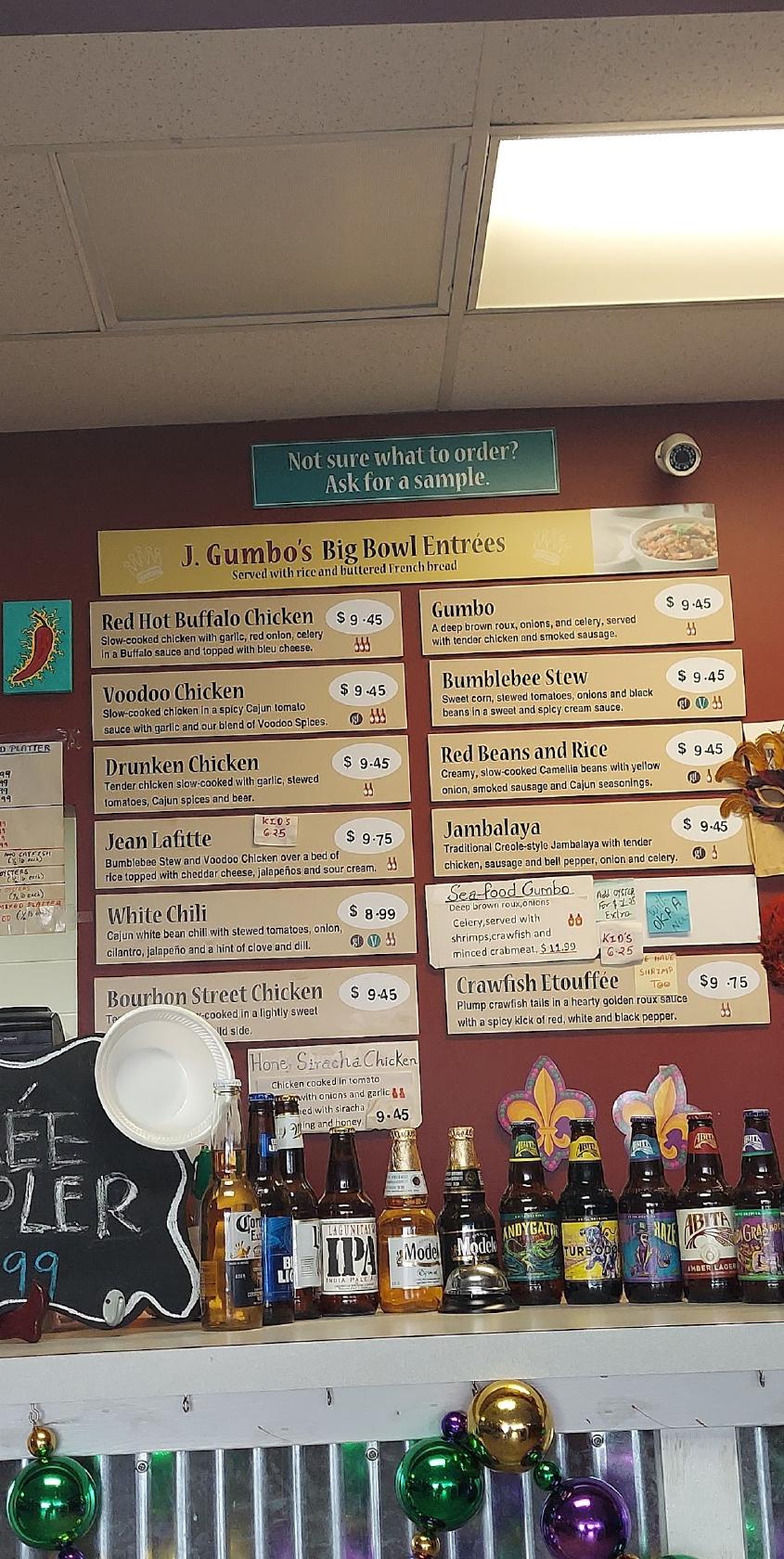 Menu at J. Gumbo’s restaurant, Chattanooga