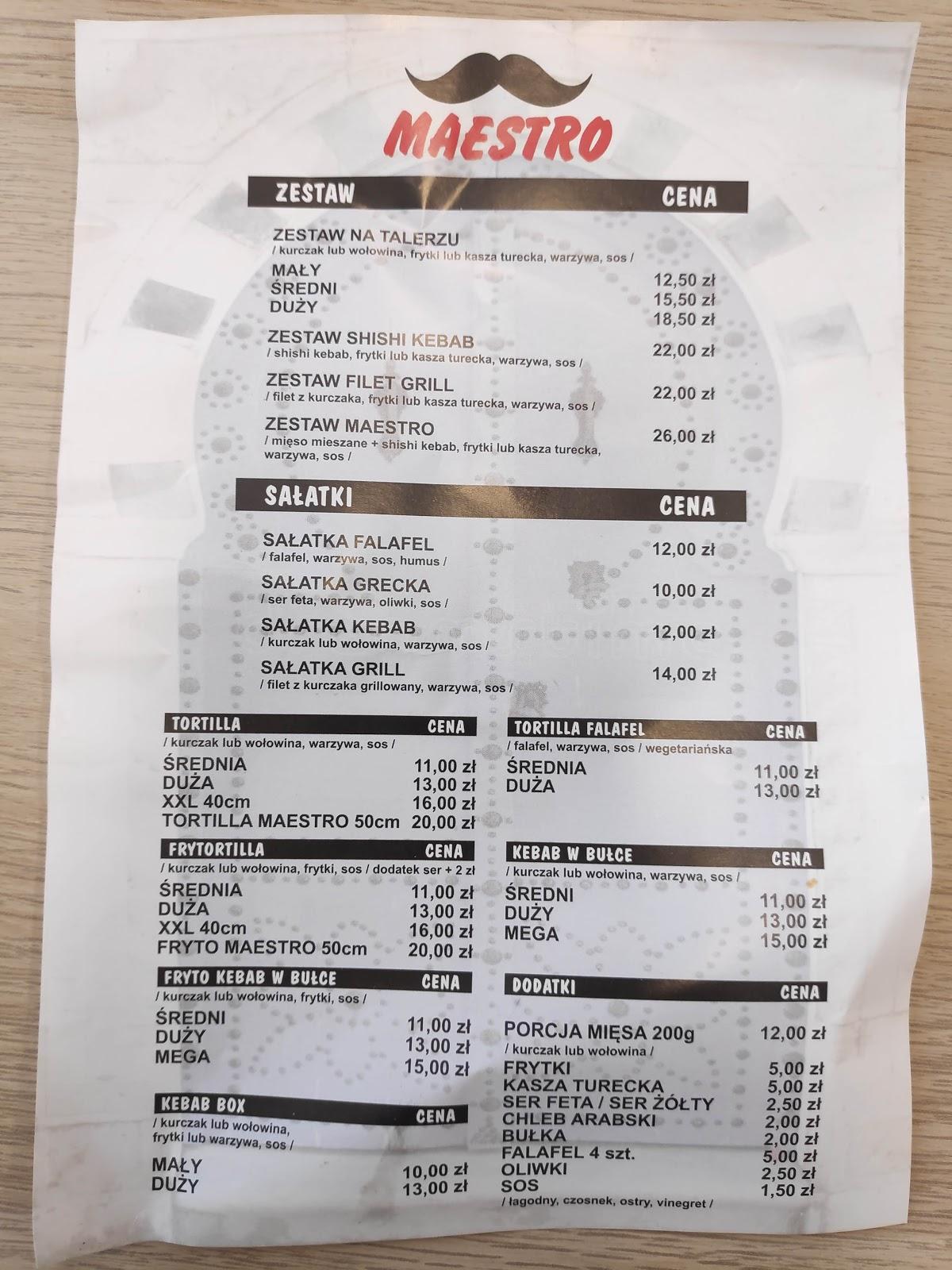 Menu at Maestro Food & Kebab restaurant, Wrocław