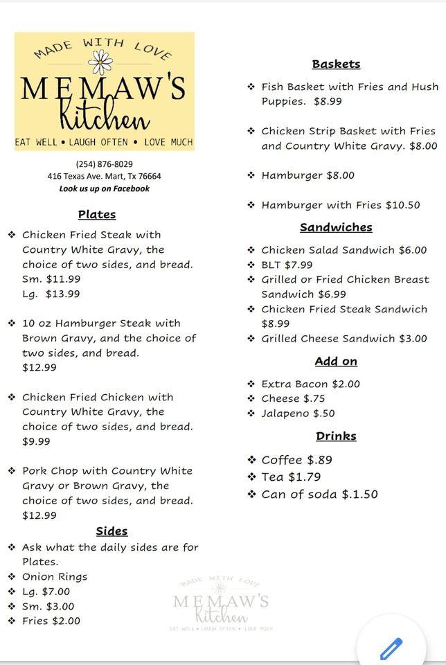 Menu at Memaw's Kitchen restaurant, Mart