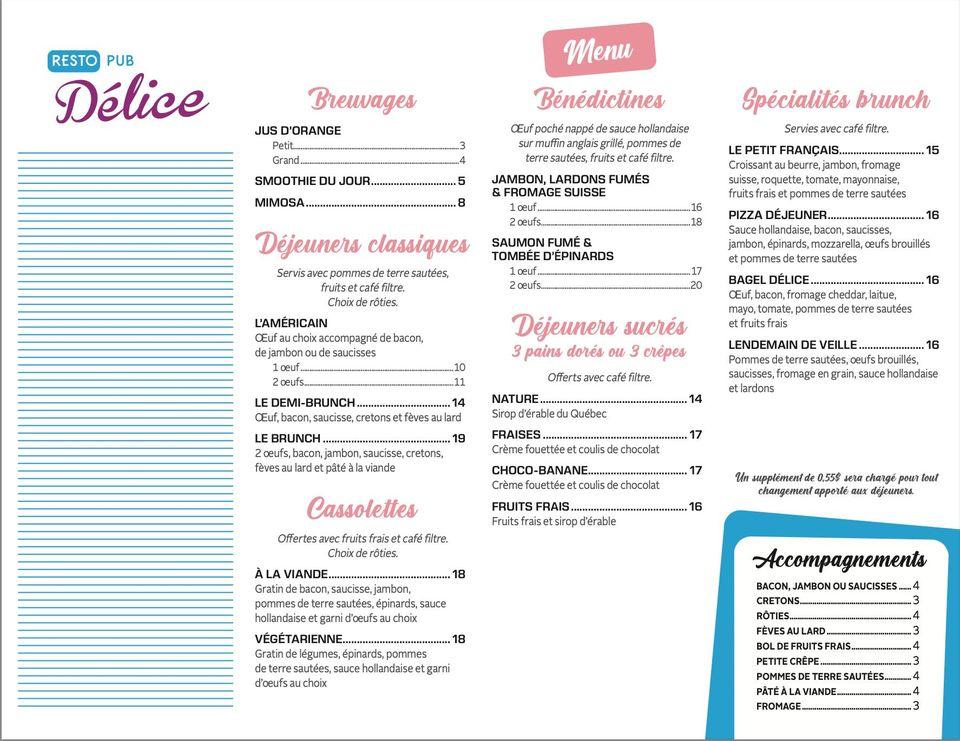 Menu au Resto Pub Délice (Le), Québec