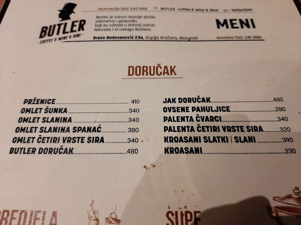 Menu at Restoran Butler restaurant, Belgrade