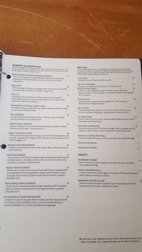 Menu at Ten Mile Tavern pub & bar, Copper Mountain, 209 Ten Mile Cir