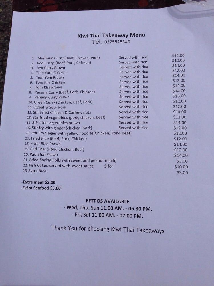 Carta de Thai Food, Greymouth