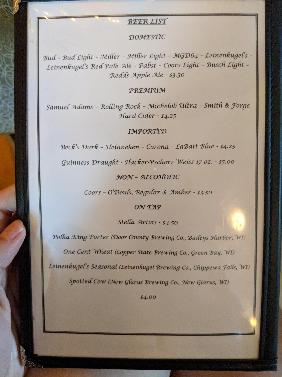 Menu at The Mill Supper Club, Sturgeon Bay