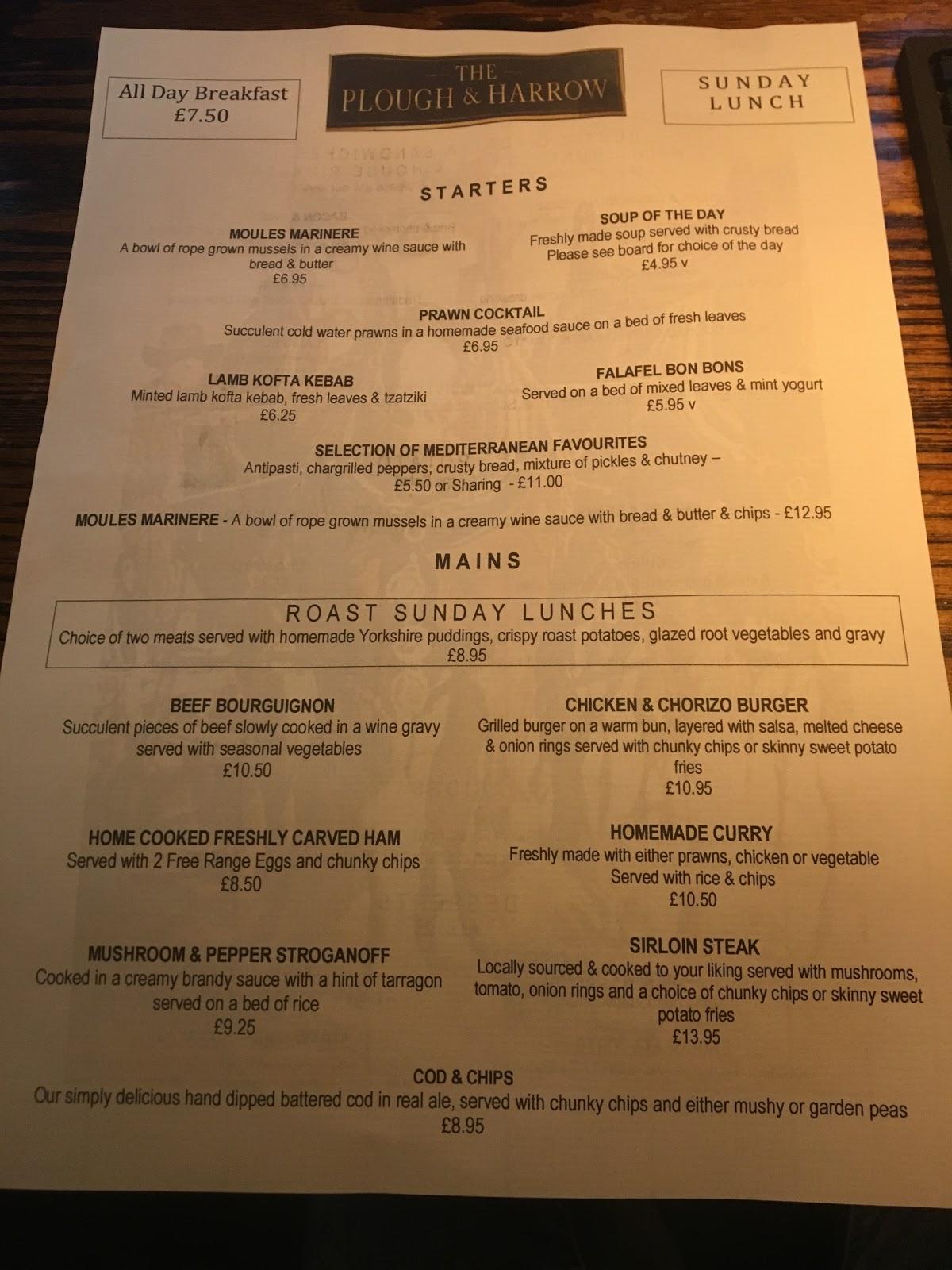 Menu at The Plough & Harrow pub & bar, Royal Leamington Spa
