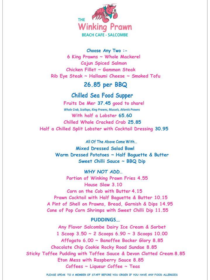 Menu at The Winking Prawn restaurant, Salcombe