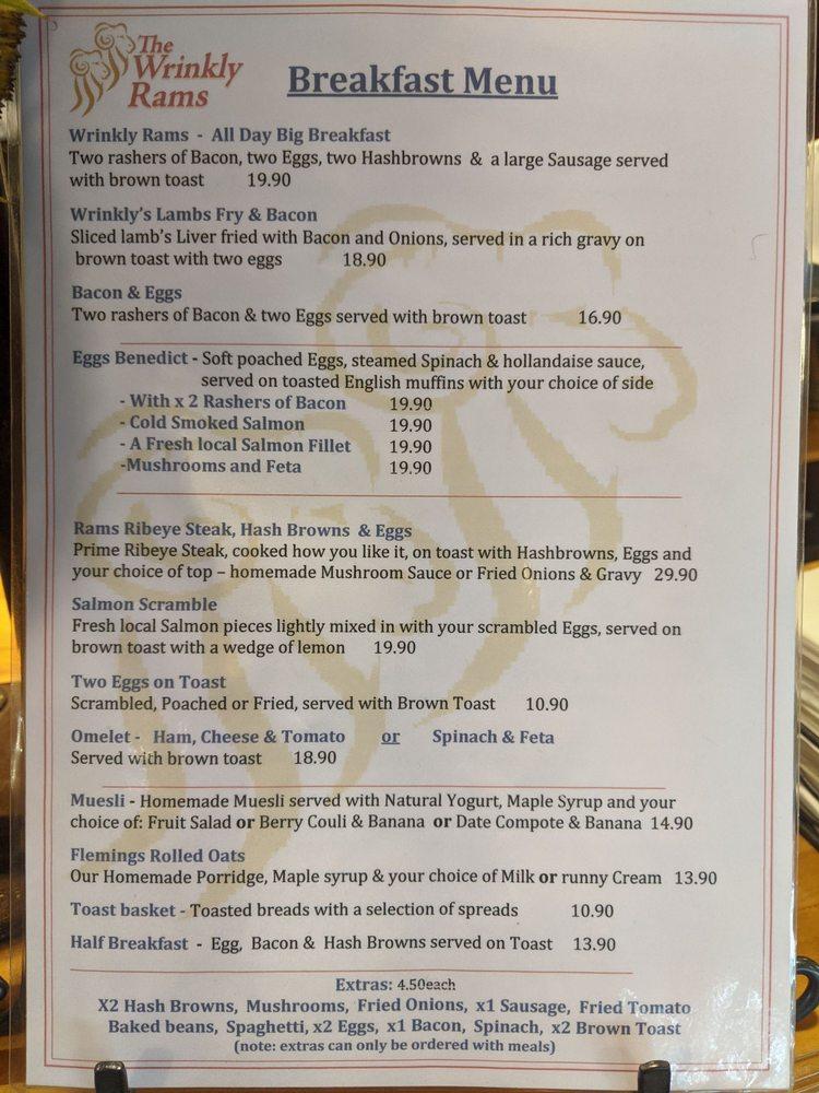 Menu at The Wrinkly Rams cafe, Omarama