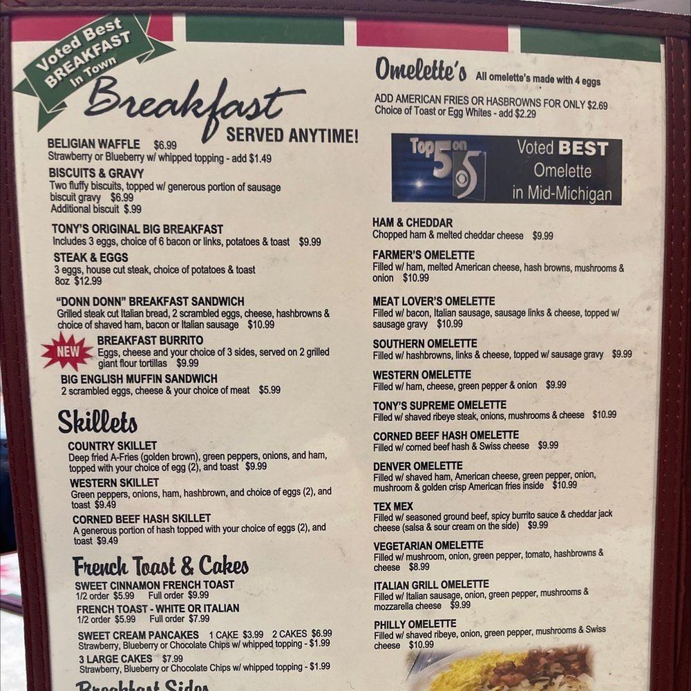 Menu at Tony’s of Shields restaurant, Thomas Township, Gratiot Rd