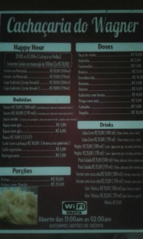 Menu at Beco Da Gabriela " Cachaça Do Wagner ", Paraty