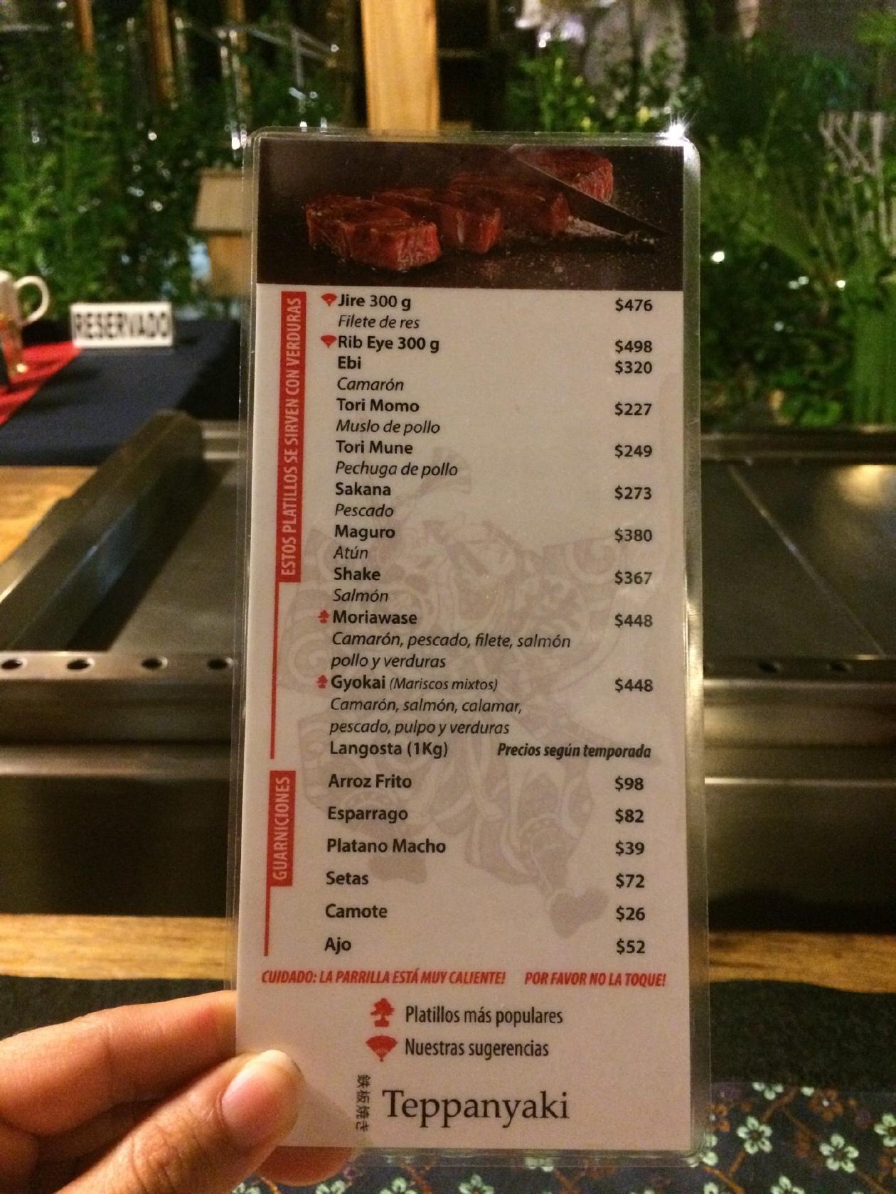 Menu at Daikoku restaurant, Cabo San Lucas