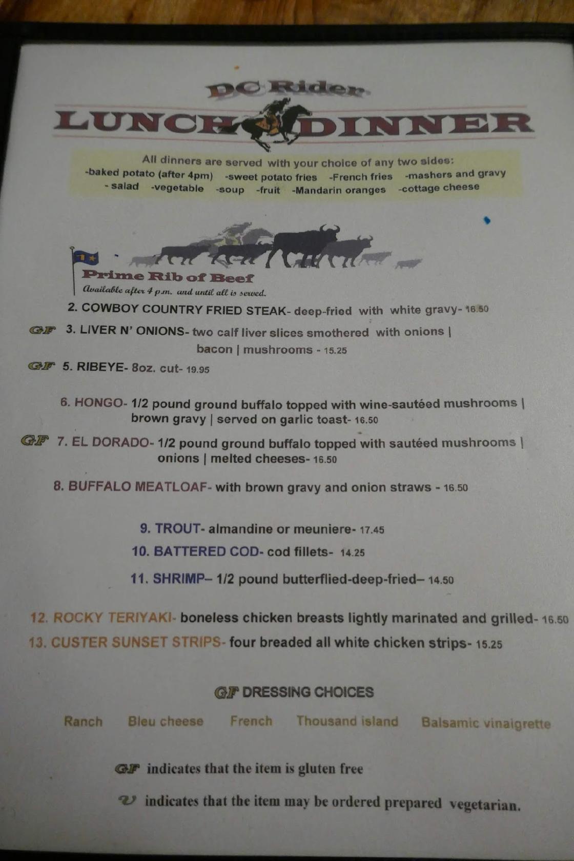 Menu at Dakota Cowboy restaurant, Custer