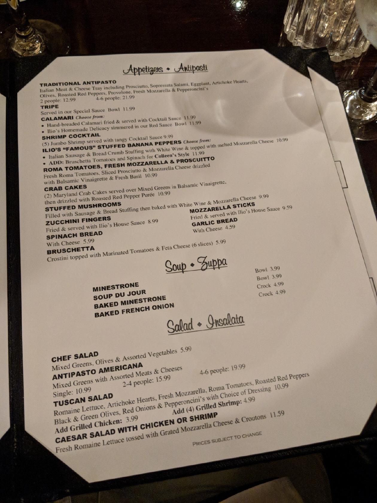 Menu at Ilio DiPaolo's Restaurant & Banquet Facility, Blasdell