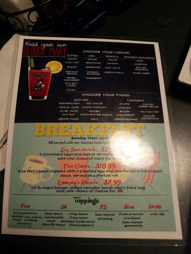 Menu at Looney's Pub, Bel Air