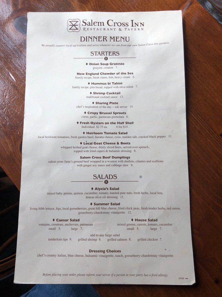 Menu at Salem Cross Inn restaurant, West Brookfield
