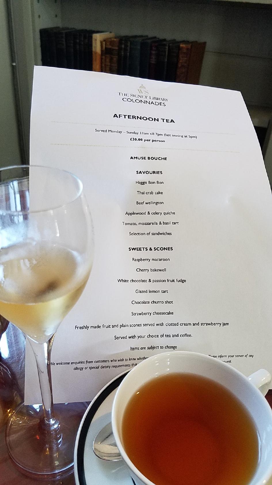 Menu at The Colonnades at the Signet Library restaurant, Edinburgh