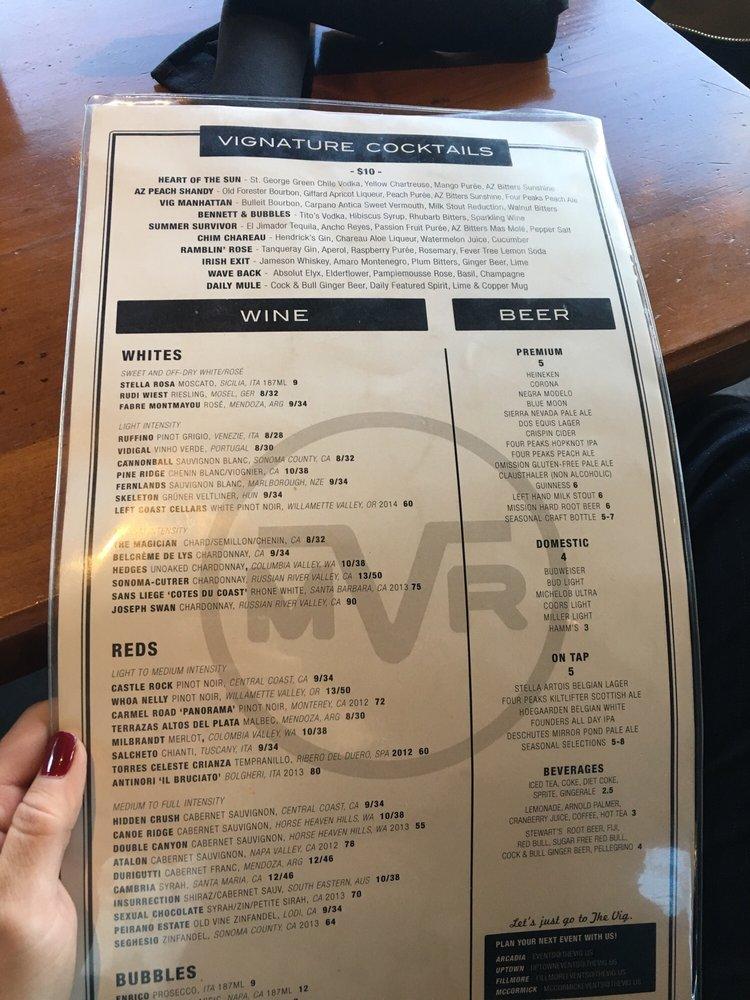 Menu at The Vig restaurant, Scottsdale, N Vía Paseo Del Sur