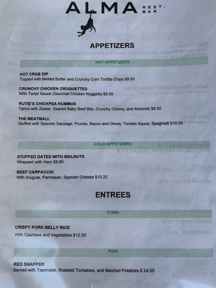 Menu at Alma pub & bar, Tampa