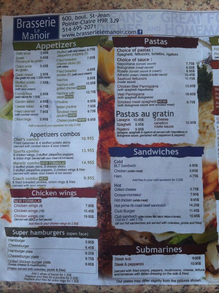 Menu at Brasserie Le Manoir Pointe-Claire pub & bar, Pointe-Claire, 600 ...