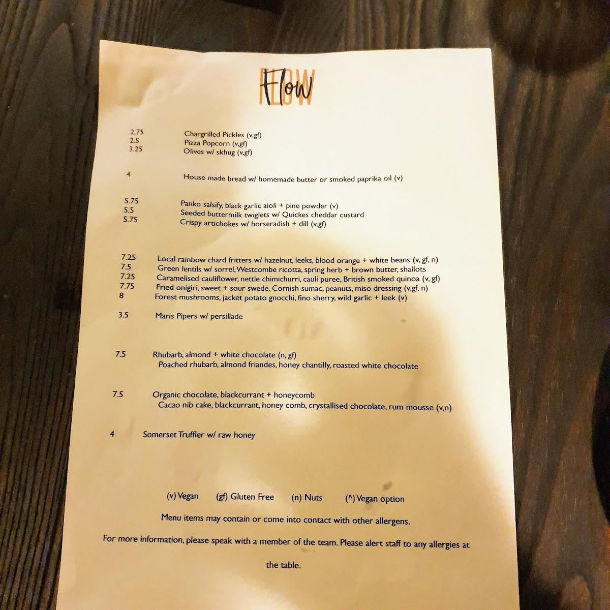 Menu at Flow restaurant, Bristol