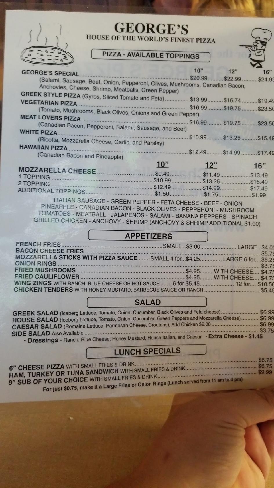 Menu at George's Pizza pizzeria, Fredericksburg, Plank Rd