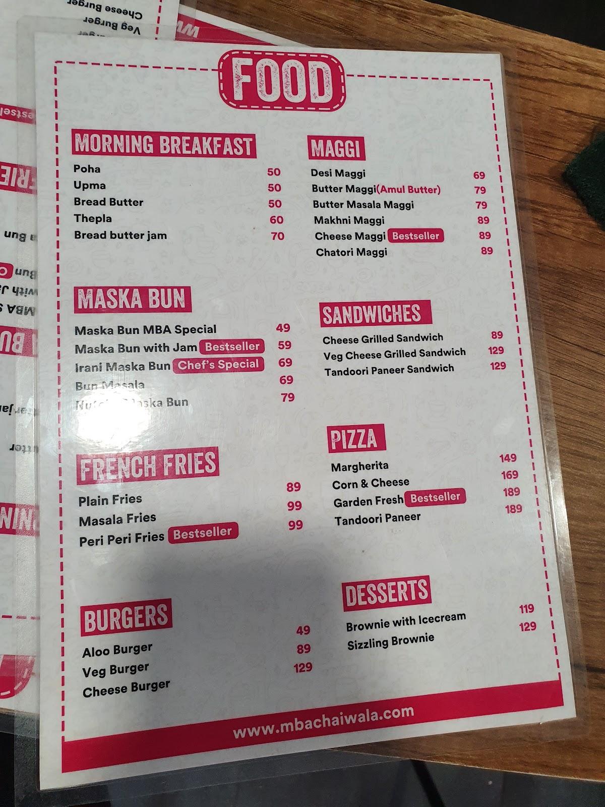 Menu at Mba Chaiwala, Vadodara