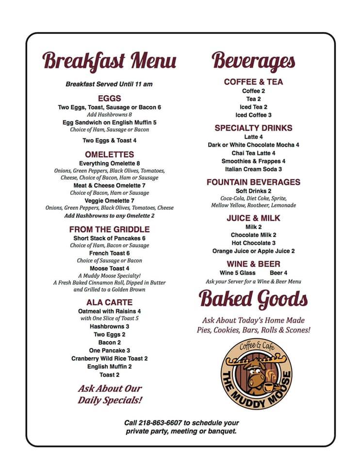 Menu at The Muddy Moose restaurant, Pelican Rapids