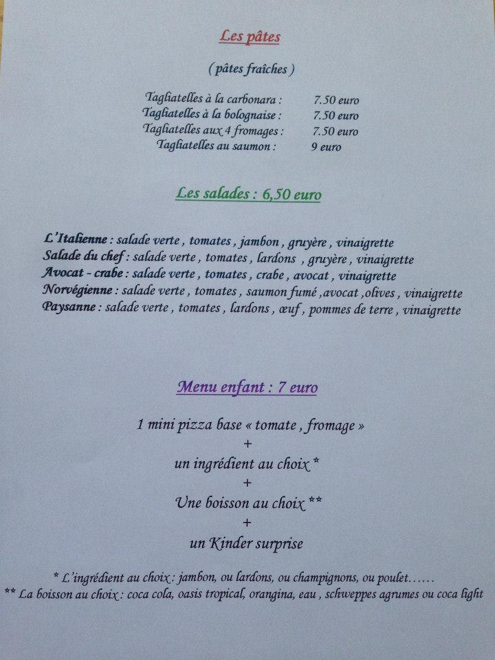 Menu at Pizzanini pizzeria, Albert