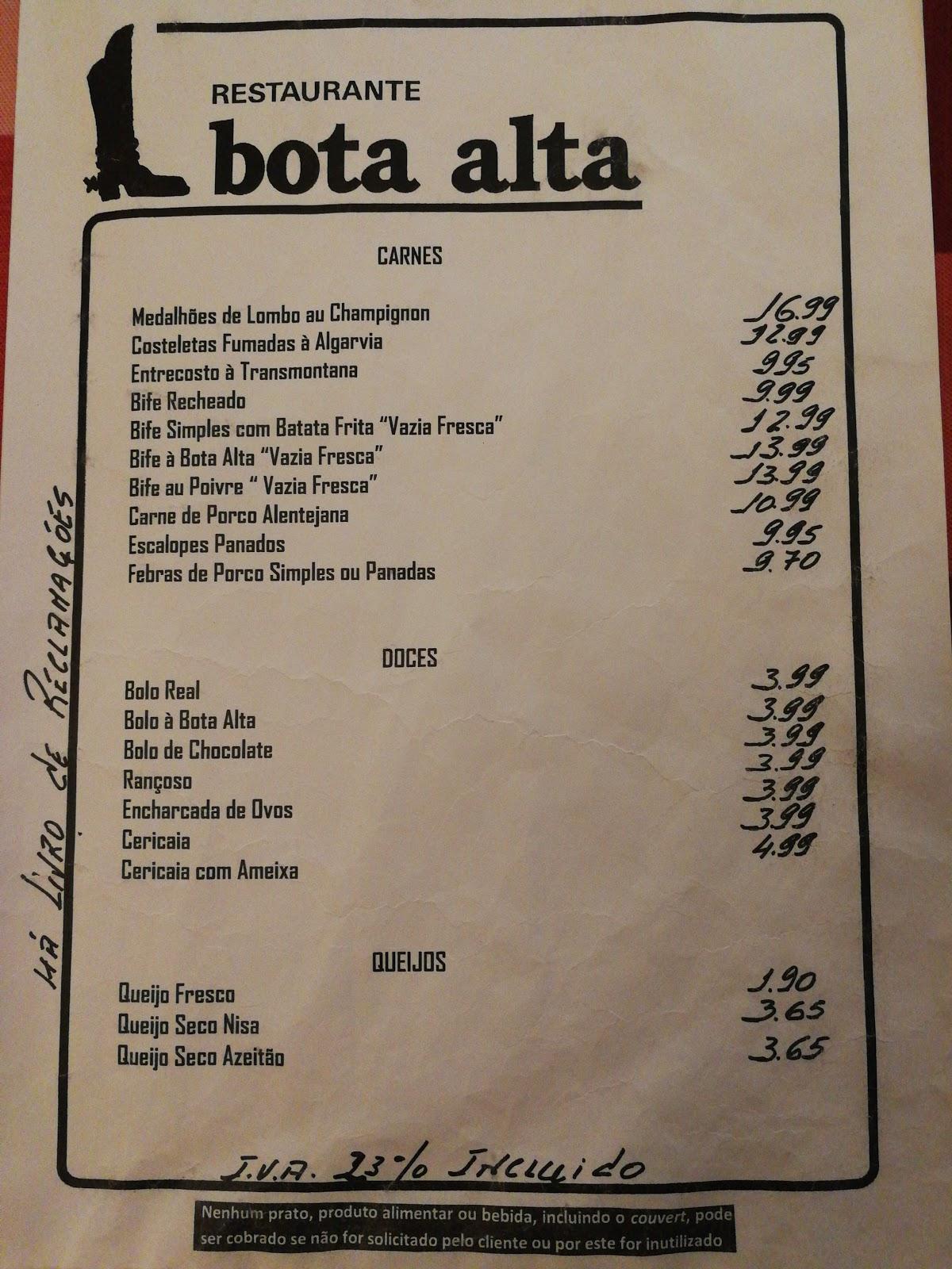 Carta de Restaurante Bota Alta, Lisboa