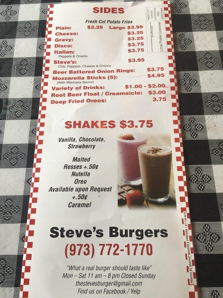 Menu at Steve's Burgers restaurant, Garfield, 506 US-46
