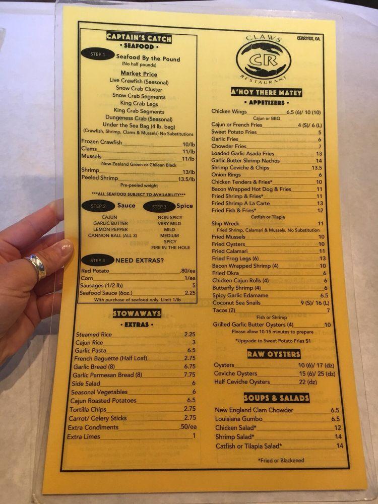 Menu at Claws Restaurant, Cerritos