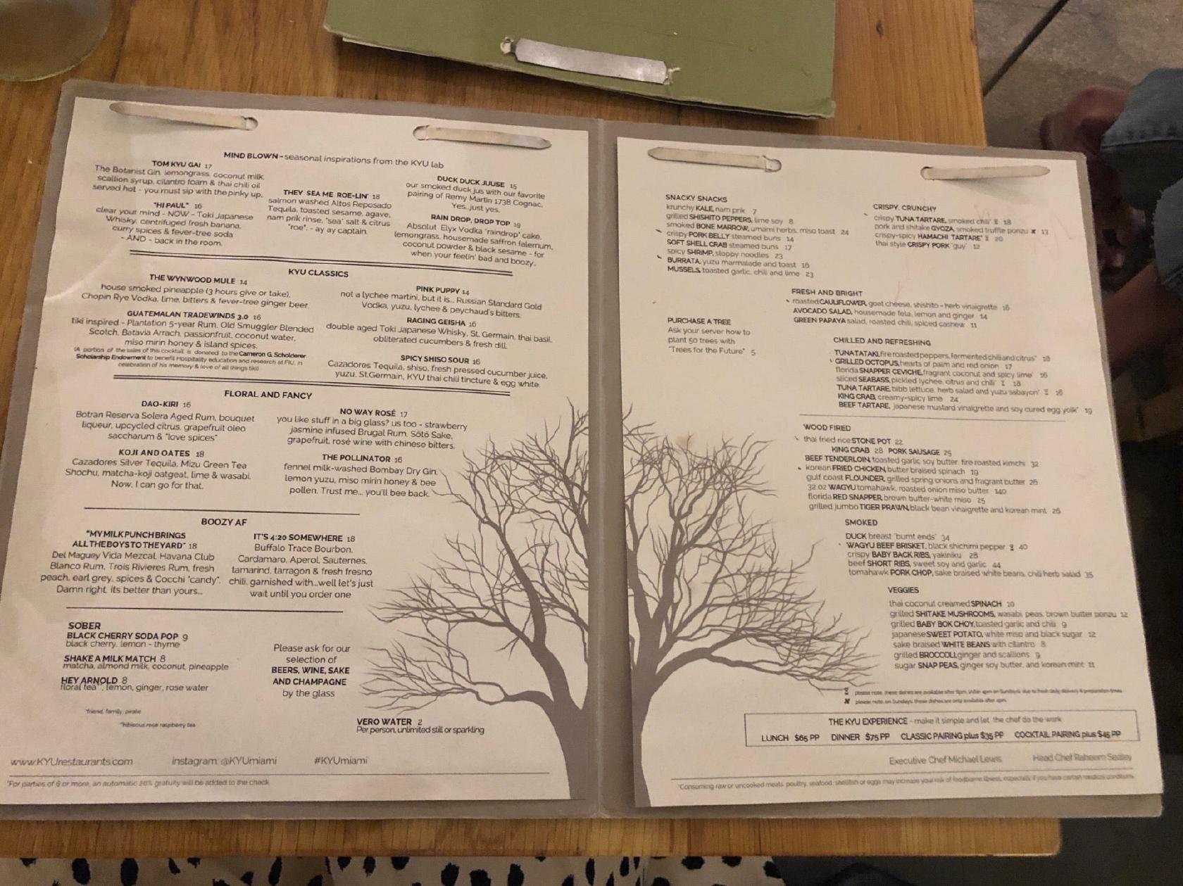 Menu at KYU restaurant, Miami