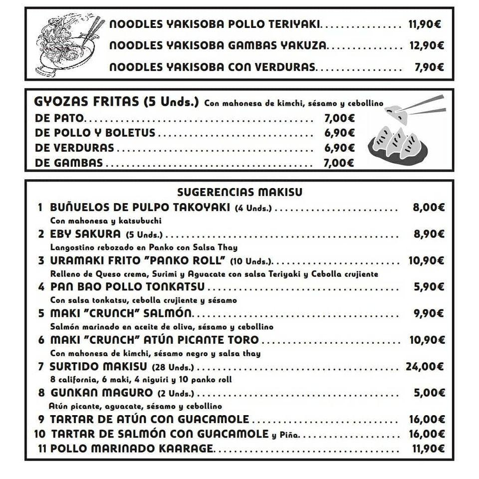 Menu at MAKISU restaurant, Don Benito