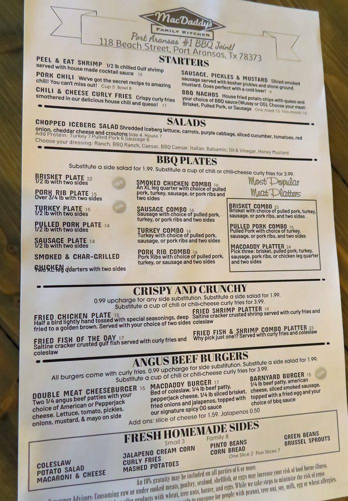 Menu at MacDaddy's Family Kitchen BBQ, Port Aransas