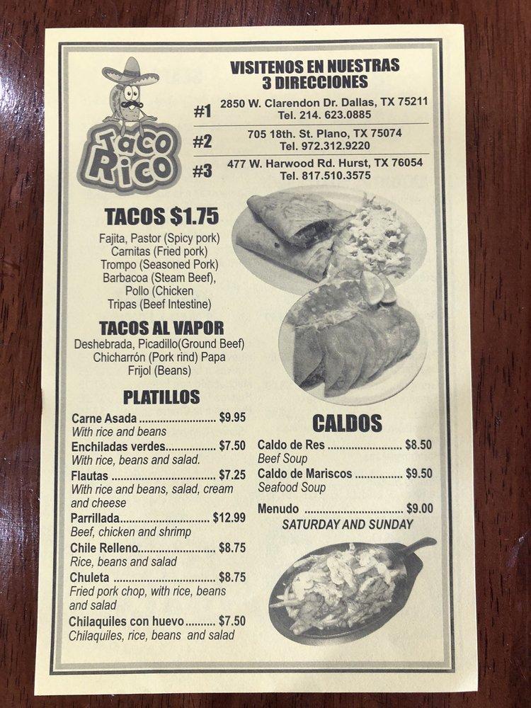 Menu at Taco Rico restaurant, Hurst